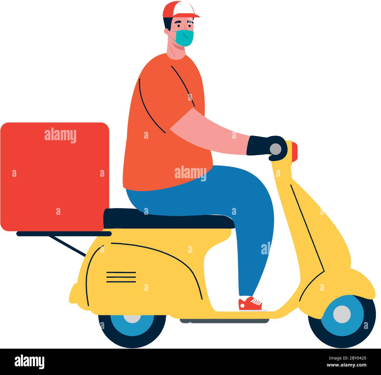Delivery man with mask motorcycle and box vector design Stock Vector ...