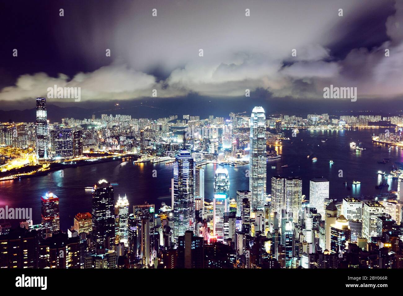 Hong Kong central district skyline and Victoria Harbour view at night ...