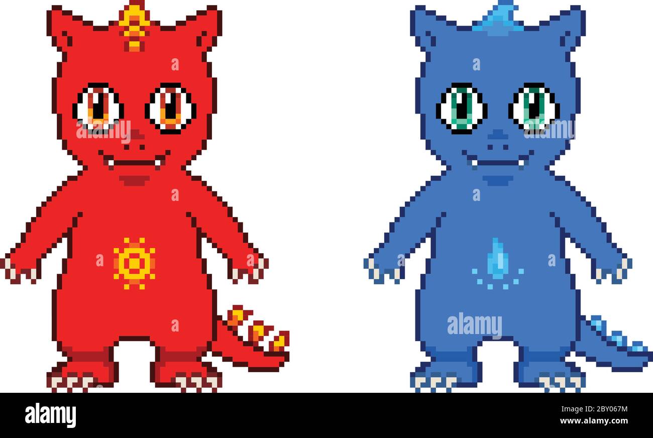 A pixel art style vector illustration of fire and water dragons Stock ...