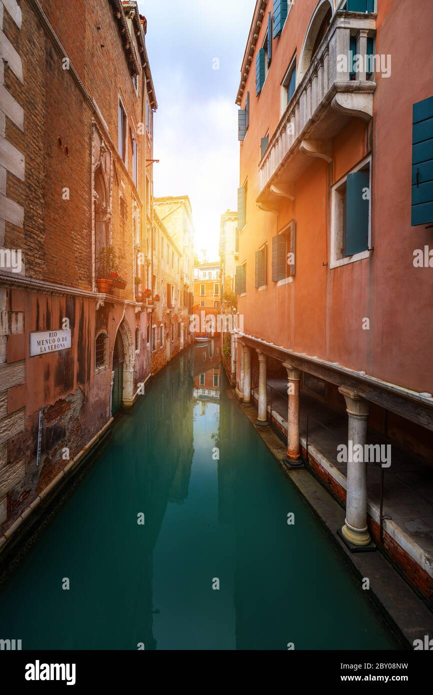 View of the street canal in Venice, Italy. Colorful facades of old ...