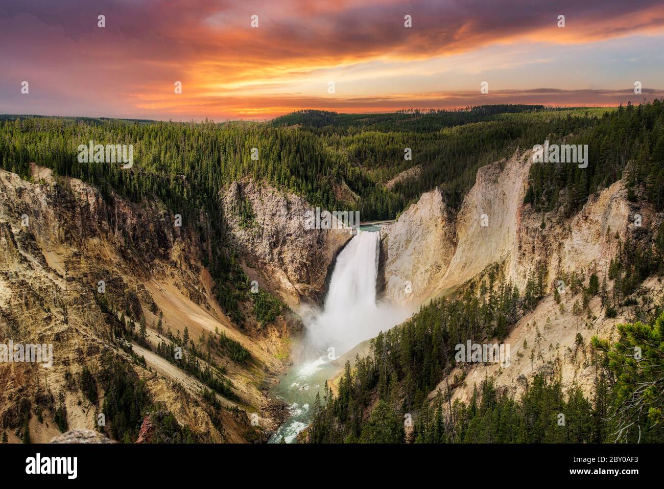 Sunset at Lower Falls in Yellowstone National Park Stock Photo - Alamy