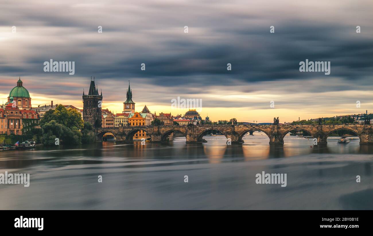 Famous iconic image of Charles bridge, Prague, Czech Republic. Concept ...