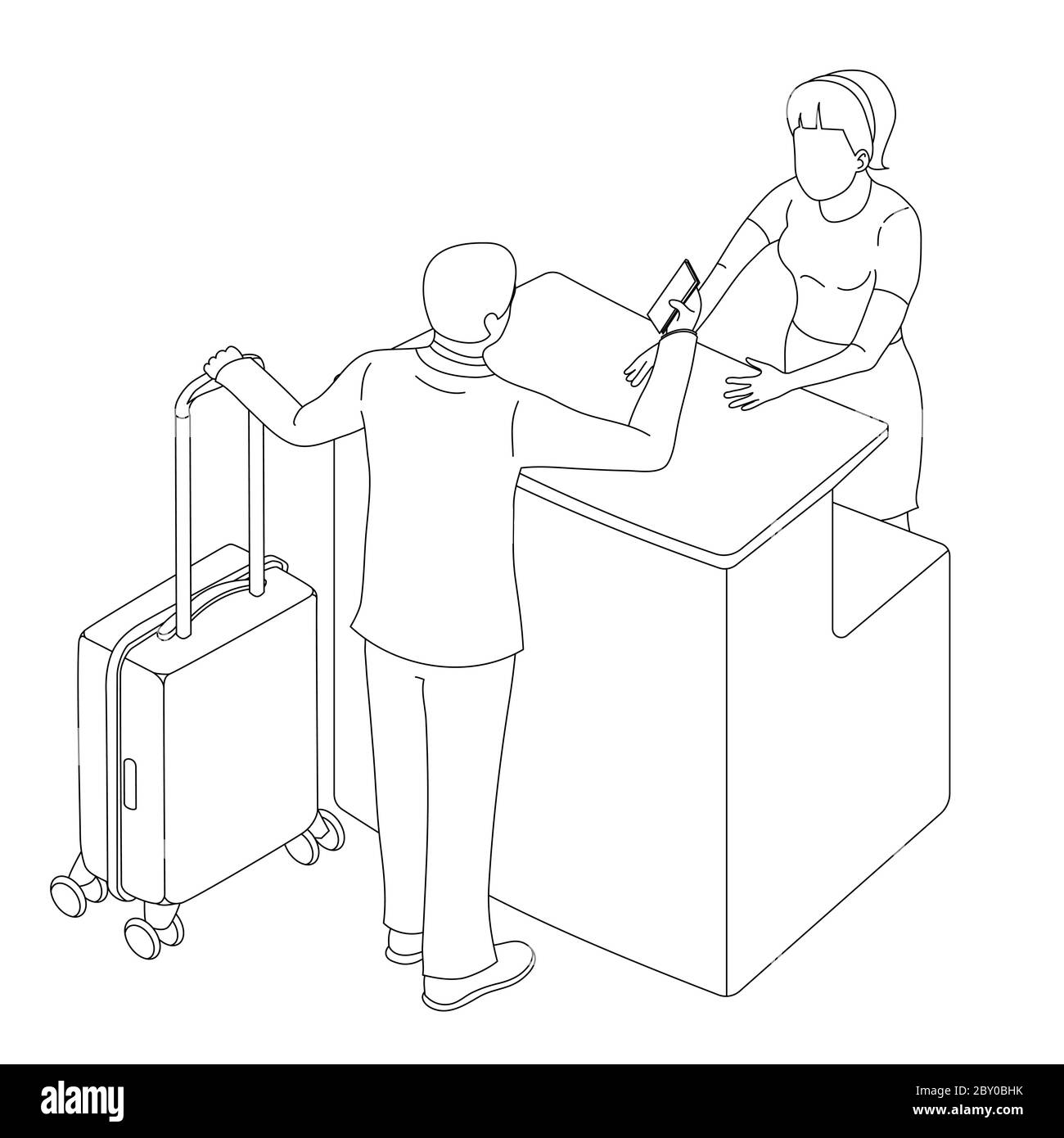 Vector illustration.Two people interacting near the reception desk or ...