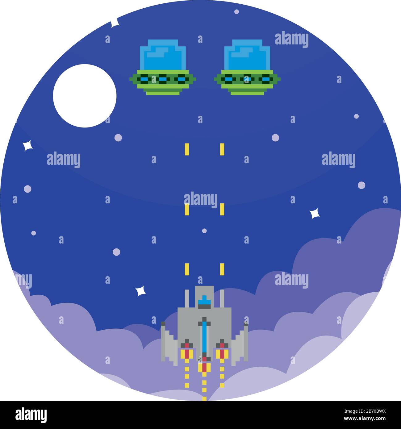space ship fighting with aliens 8 bits pixelated icon vector ...