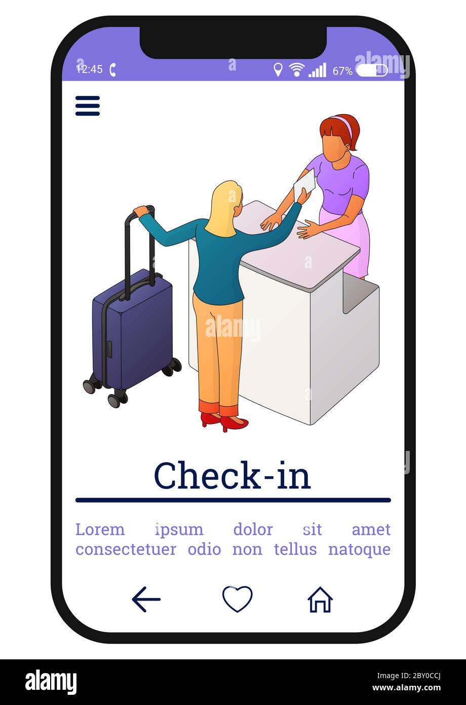 Vector illustration.Two people interacting near the reception desk or ...