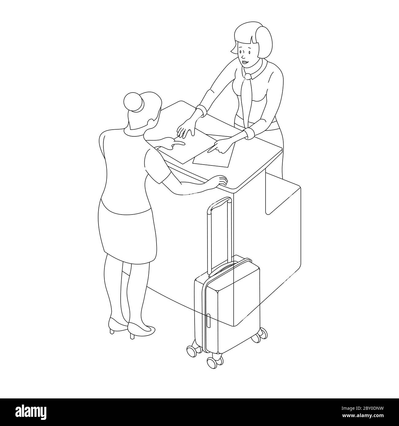 Vector illustration.Two people interacting near the reception desk or ...