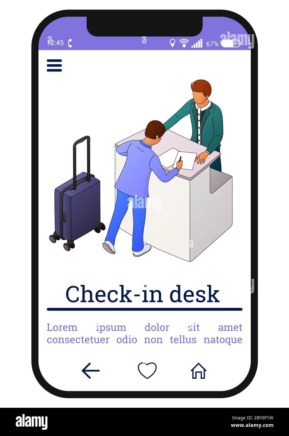 Vector illustration.Two people interacting near the reception desk or ...