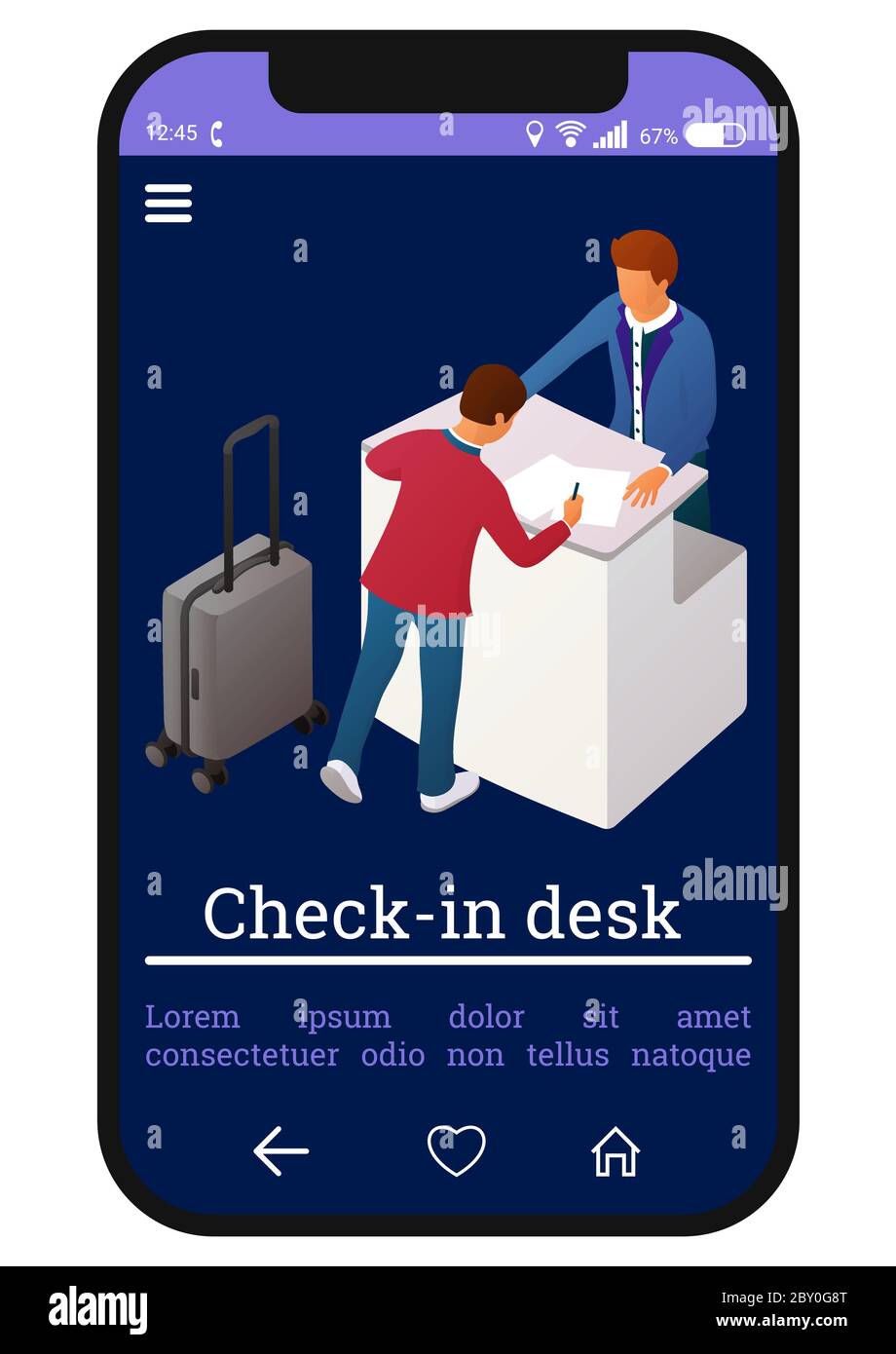 Vector illustration.Two people interacting near the reception desk or ...