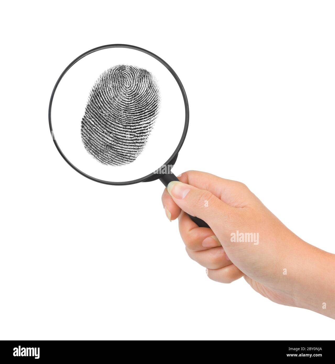 Magnifying glass in hand and fingerprint Stock Photo - Alamy