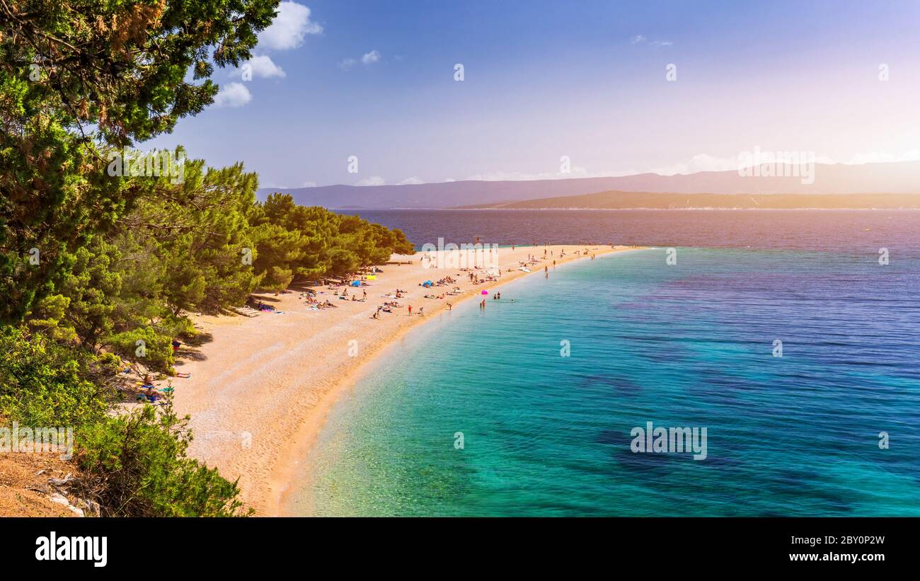 Beautiful panorama of famous Adriatic beach Zlatni Rat (Golden Cape or ...