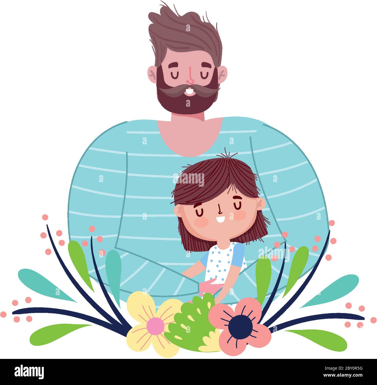 happy fathers day, cute dad and daughter flowers love vector ...