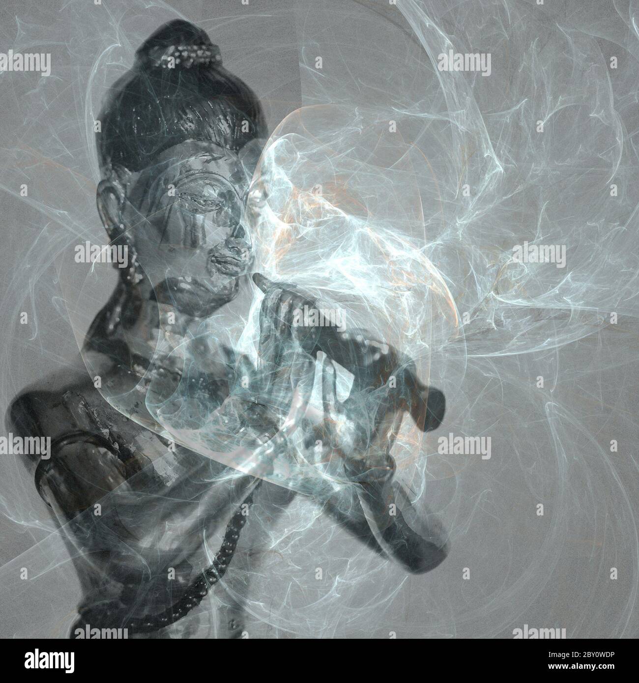 Flute-playing monk in the smoke-mist Stock Photo - Alamy