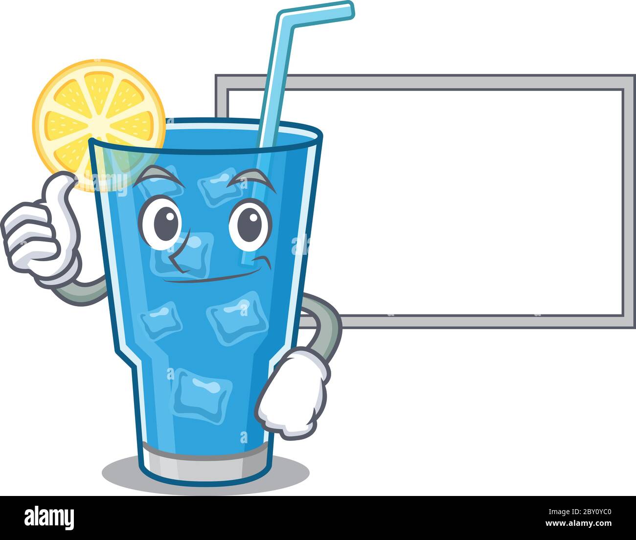 Blue lagoon cocktail cartoon design with Thumbs up finger bring a white ...