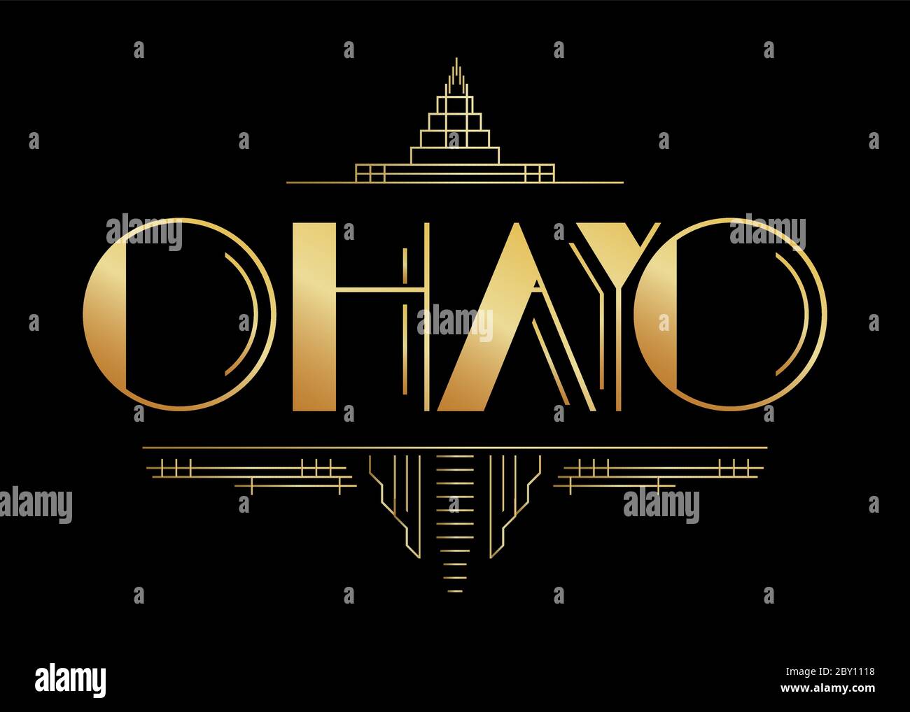 Art Deco Ohayo (Hello in Japan) text. Decorative greeting card, sign ...