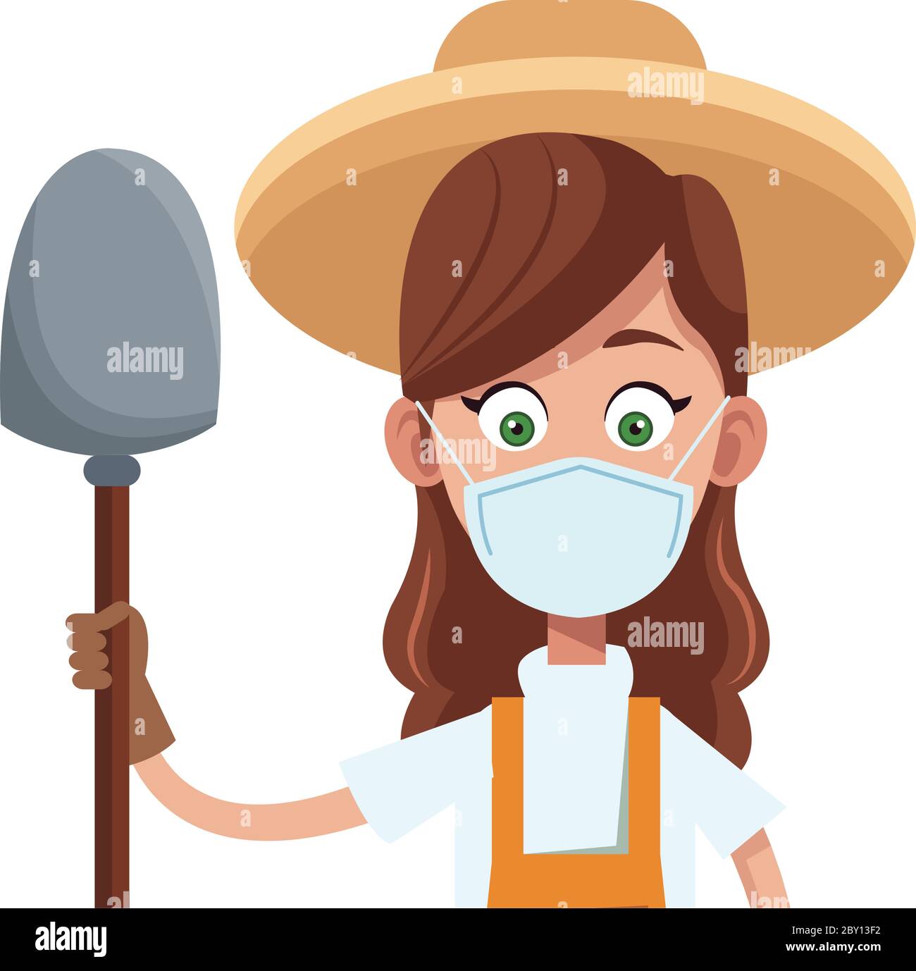 female farmer wearing medical mask with shovel character vector ...