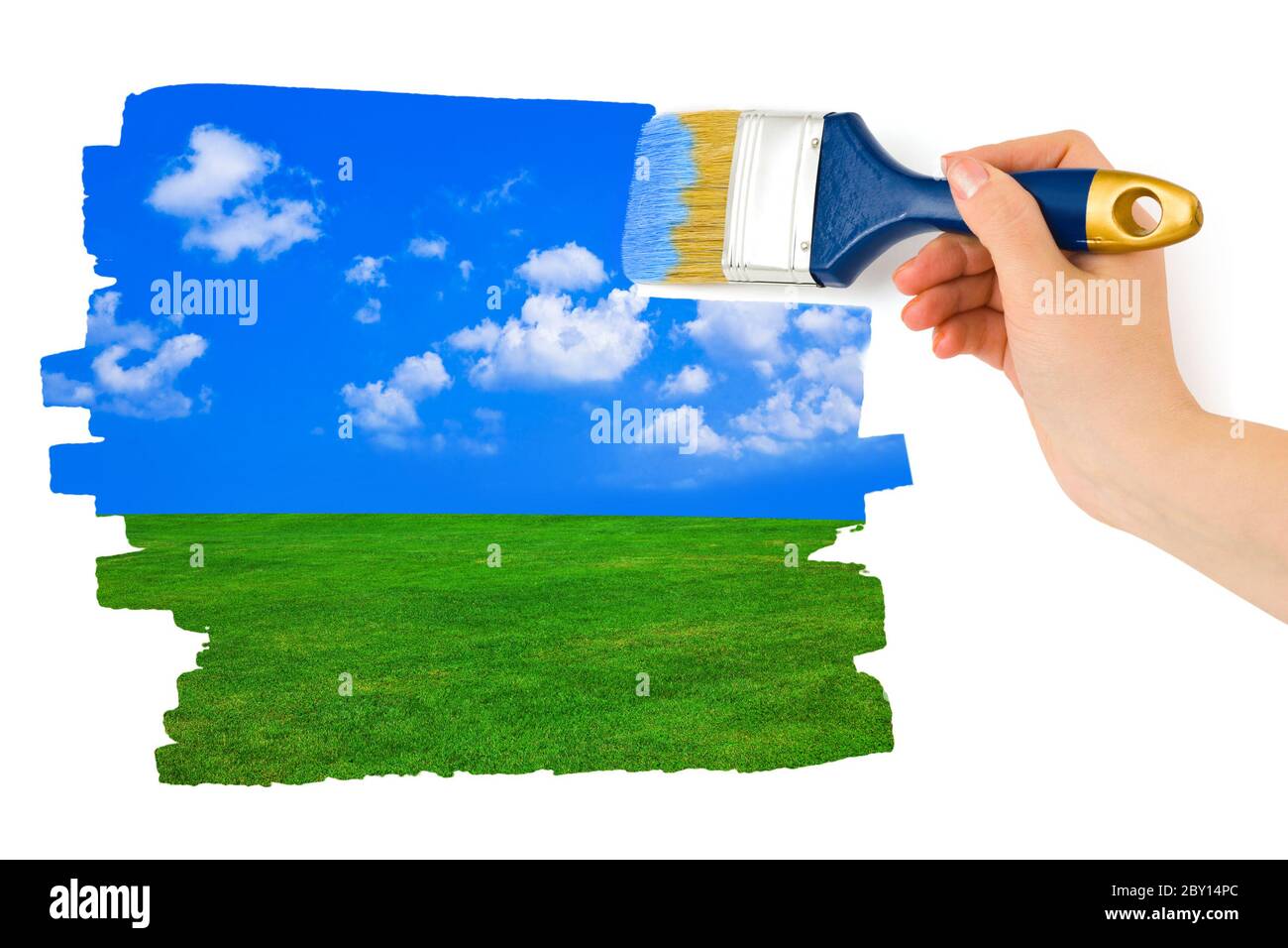 Hand with paintbrush drawing landscape Stock Photo - Alamy