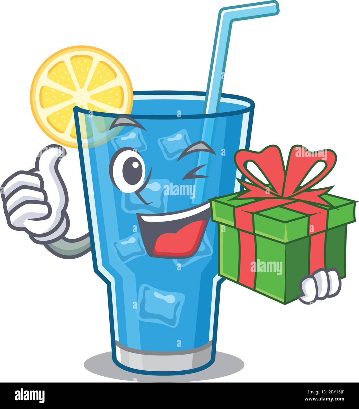 joyful blue lagoon cocktail cartoon character with a big gift box Stock ...