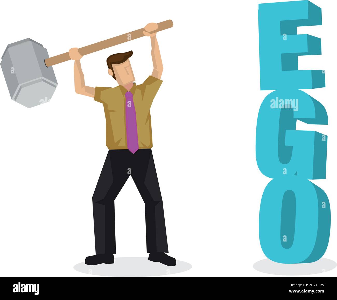 Businessman fighting his own ego by destroying a 3d text of ego block ...