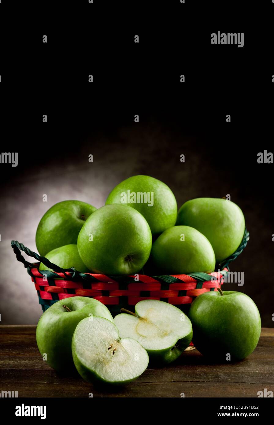 Green Apples inside a basket Stock Photo - Alamy