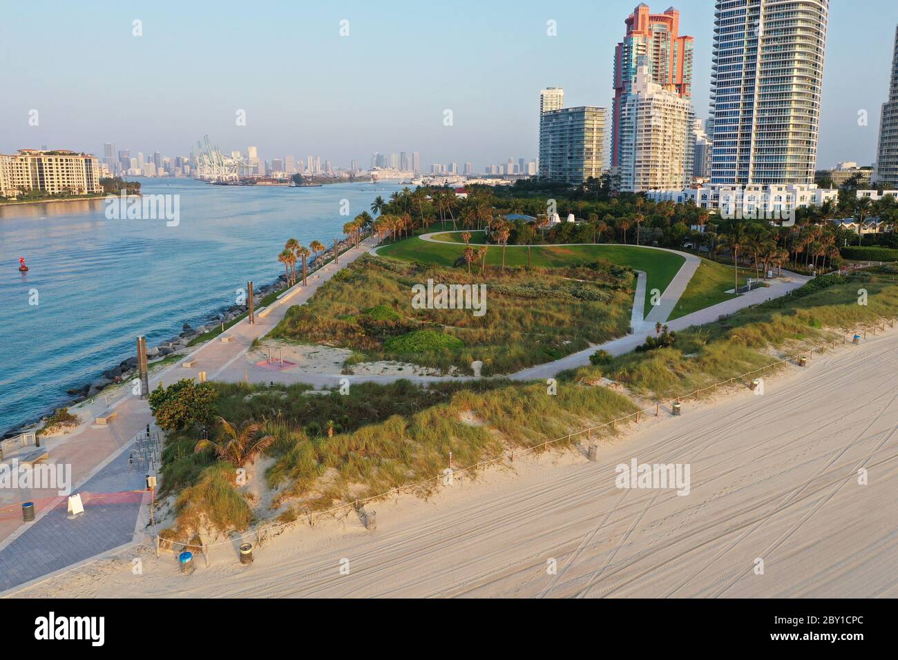 Aerial view of South Pointe Park and South Beach in Miami Beach ...