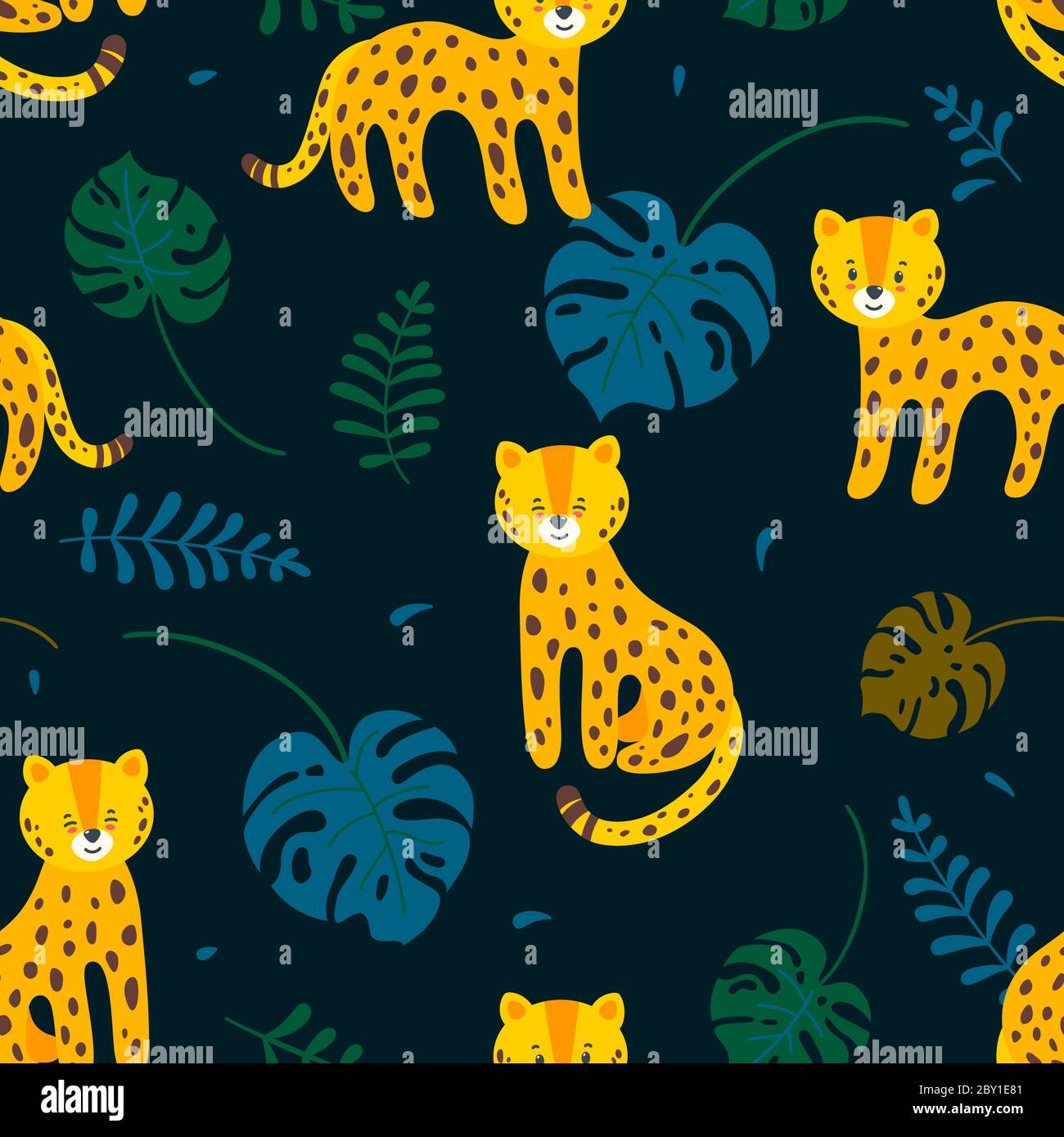 Jungle seamless pattern with leopards and leaves in dark blue ...
