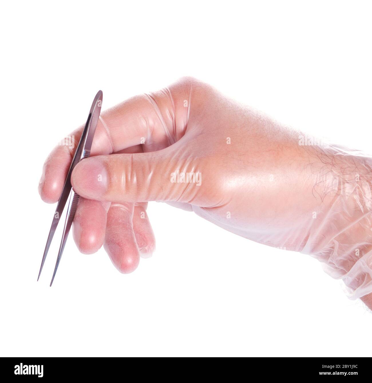 hand in rubber glove holding tweezers Stock Photo - Alamy