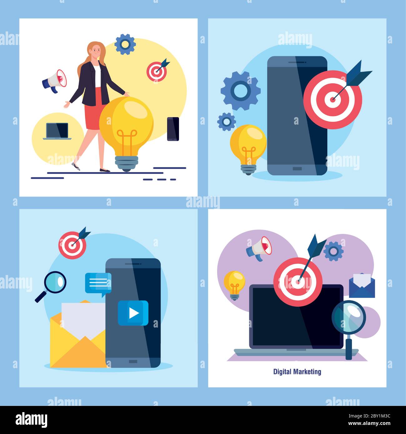 woman smartphones and laptop with icon set of digital marketing vector ...