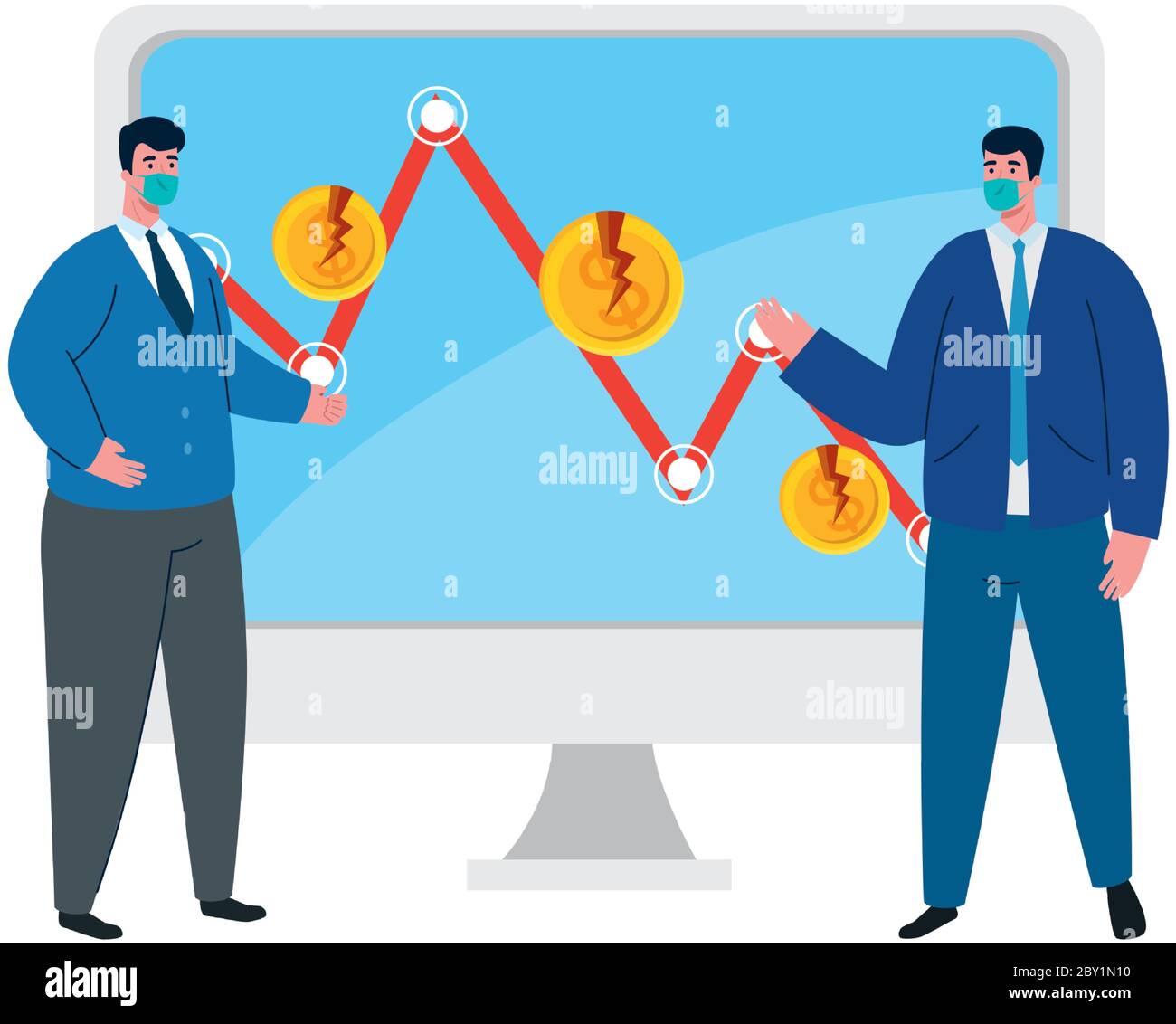 businessmen with masks and decrease arrow of bankruptcy vector design Stock Vector Image & Art ...