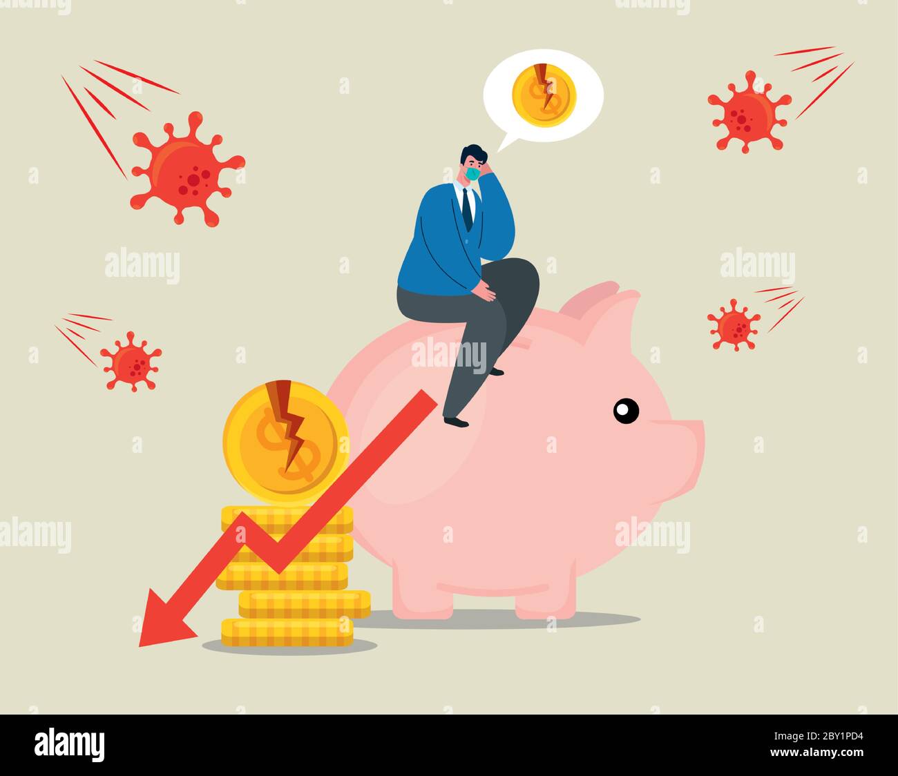 businessman with mask piggy and broken coins of bankruptcy vector ...