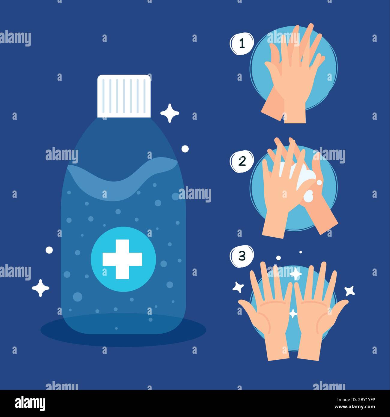 Hands sanitizer bottle and hands washing steps vector design Stock ...
