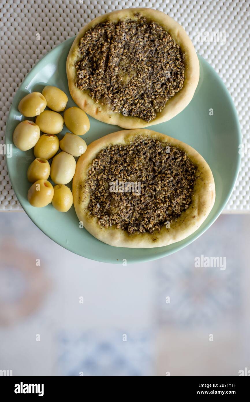 Close up photo of Manaqish b'il Za'atar, a popular Leventine dish ...