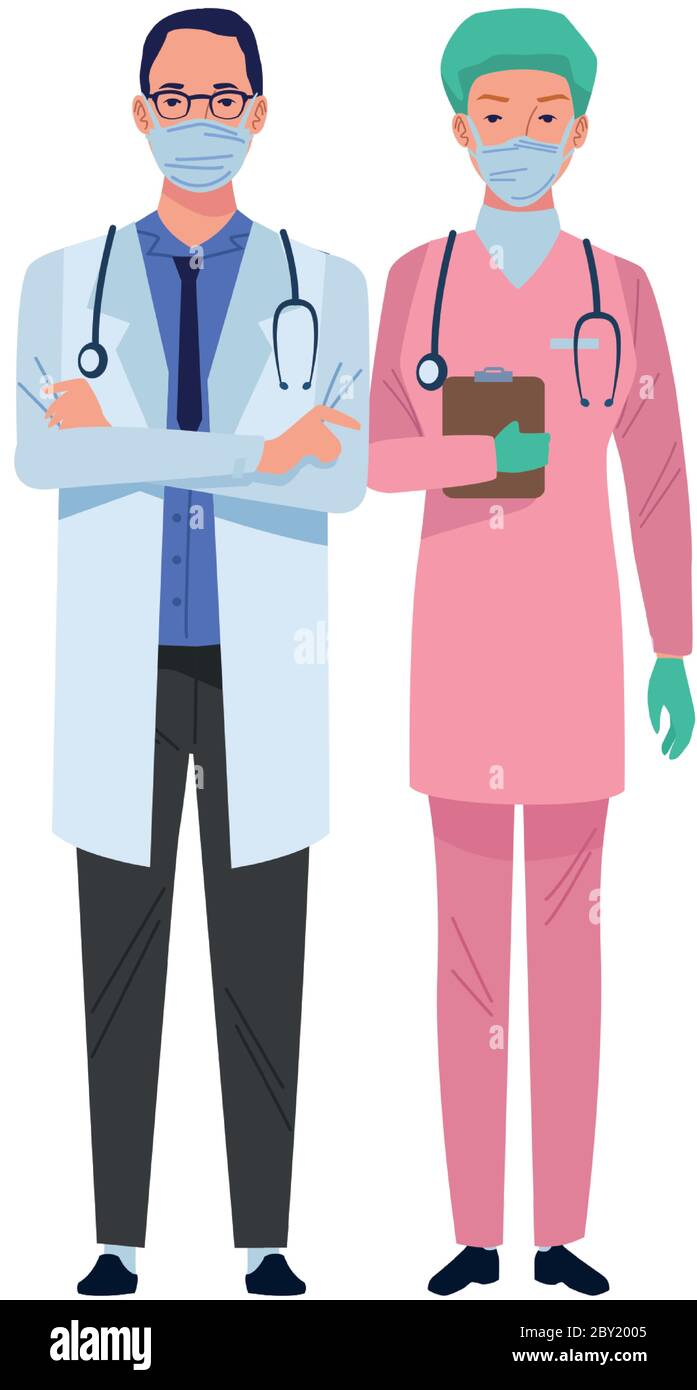 couple doctor and surgeon wearing medical masks characters vector ...
