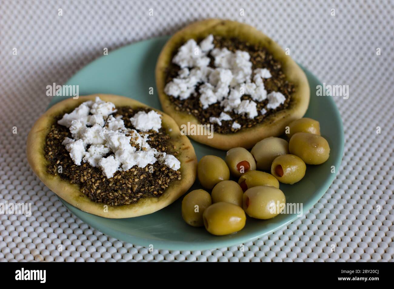 Close up photo of Manaqish b'il Za'atar, a popular Leventine dish ...