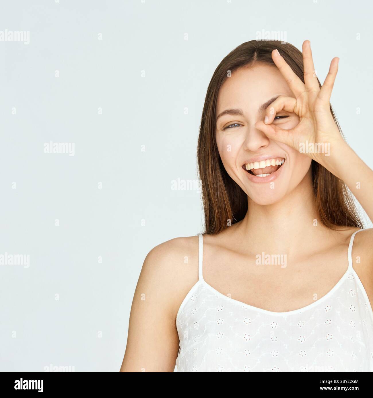Young beauty girl sign ok. Zero gesture woman smile portrait. Female ...