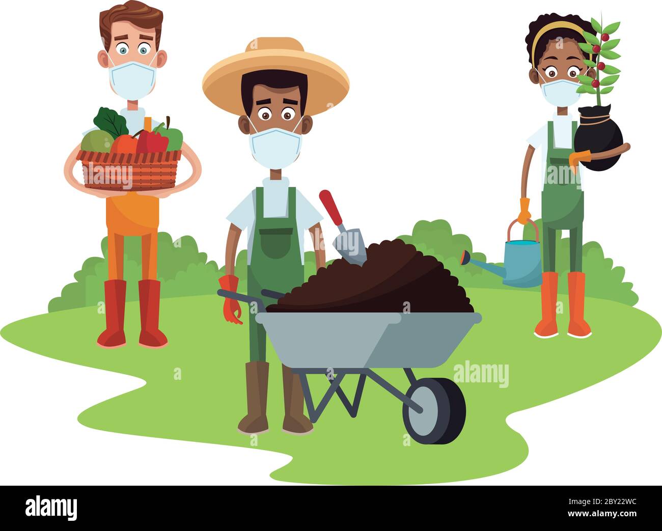farmers wearing medical masks with tools characters vector illustration ...