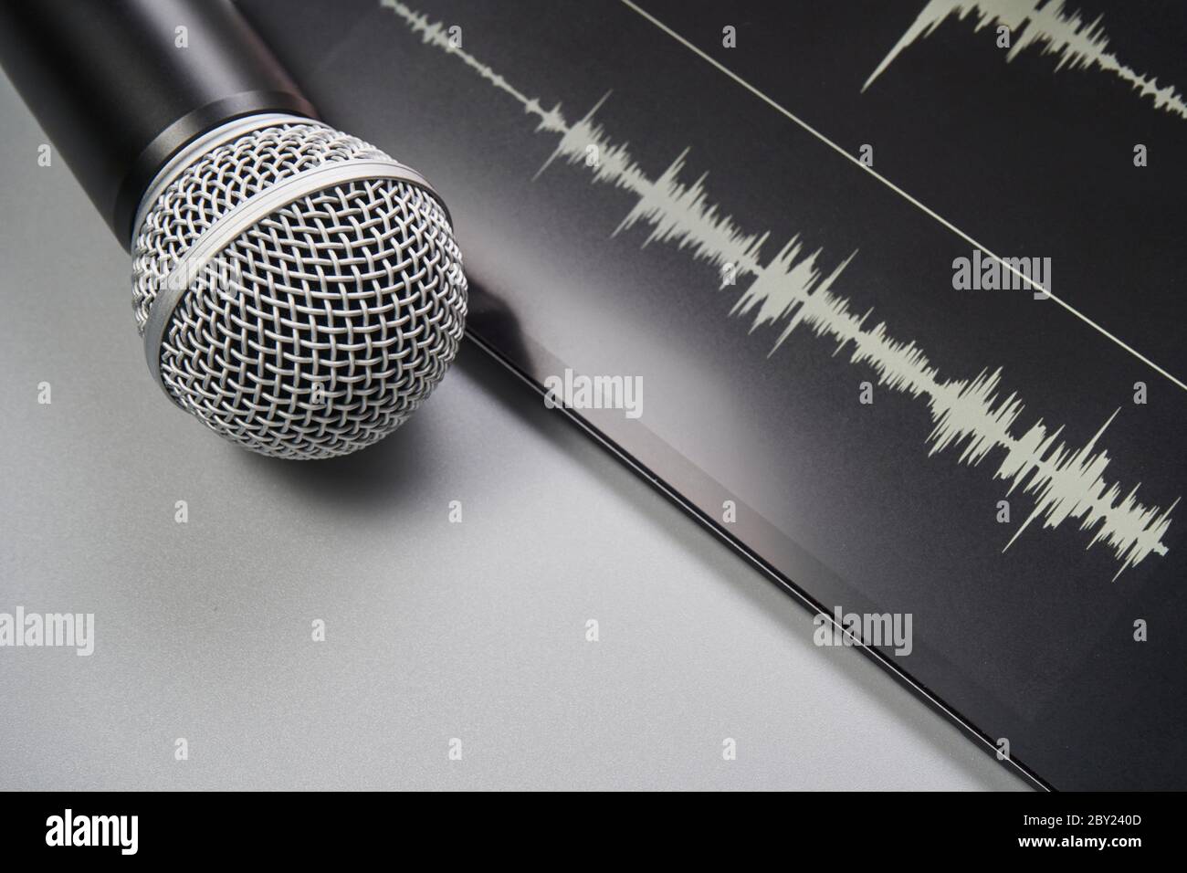 Podcast record. Microphone and sound track. Grey monochrome Stock Photo ...