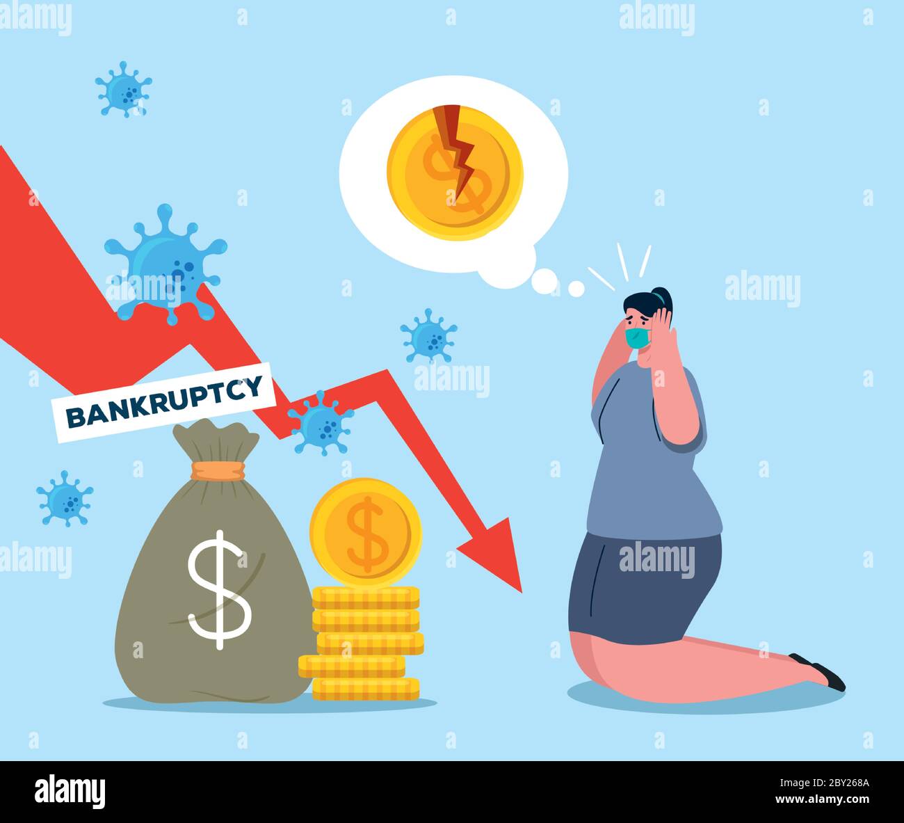 woman with mask bag decrease arrow and broken coins design of bankruptcy and covid 19 virus ...
