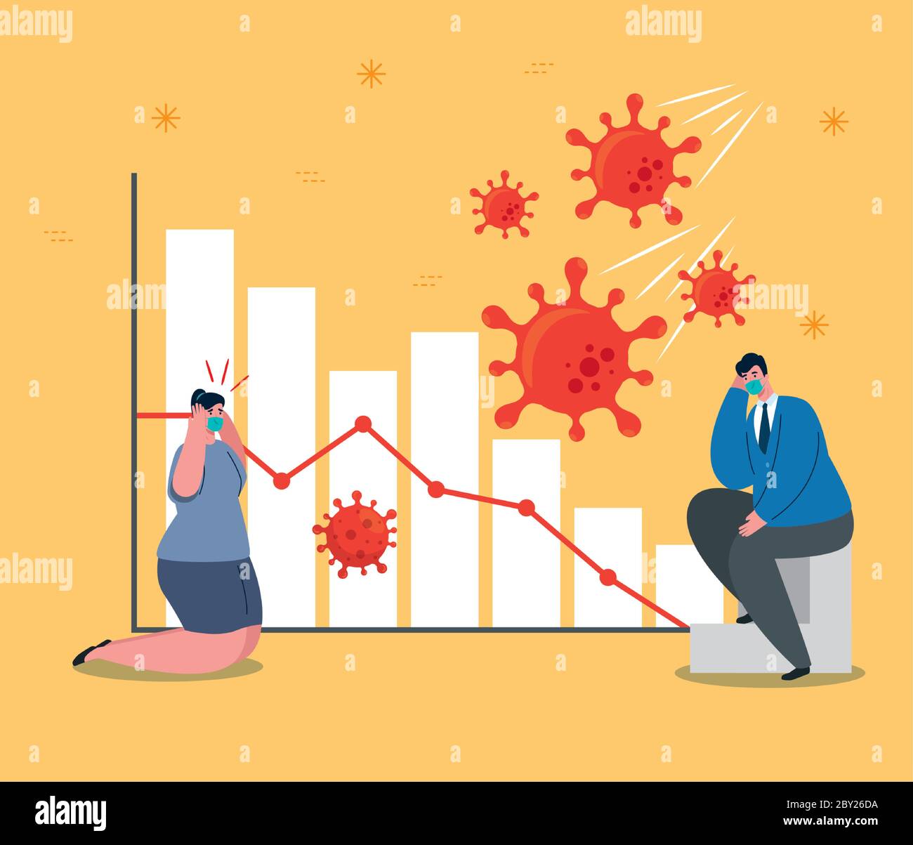 businesspeople with masks and bars chart of bankruptcy vector design ...