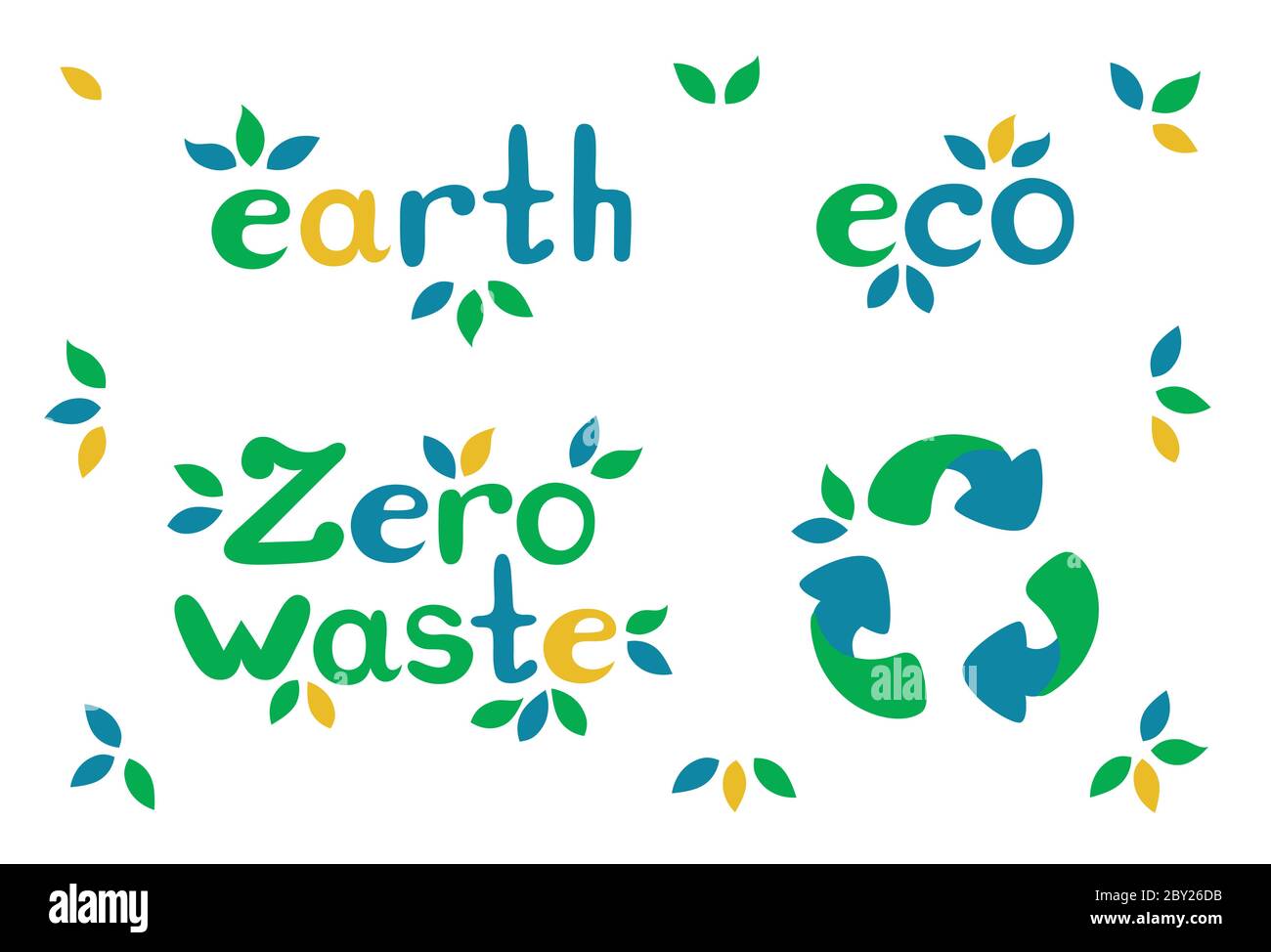 Flat vector illustration of eco inscriptions and symbol of recycling ...