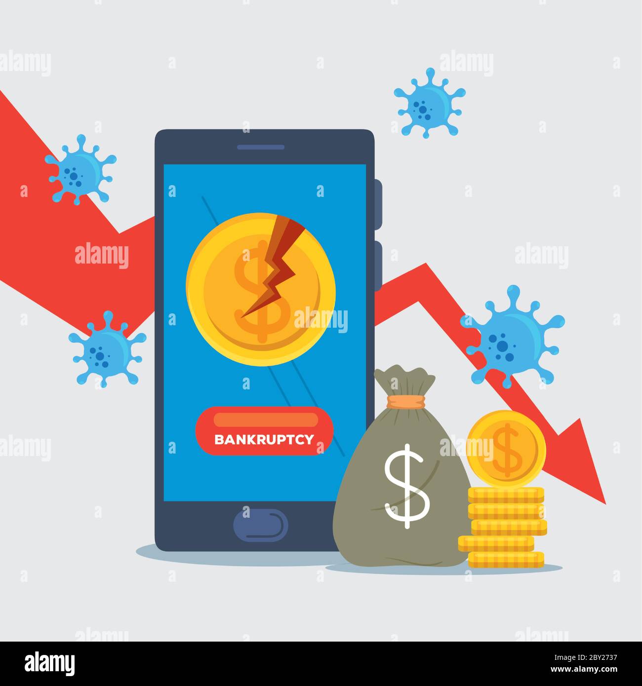 broken coin on smartphone and decrease arrow of bankruptcy vector design Stock Vector Image ...