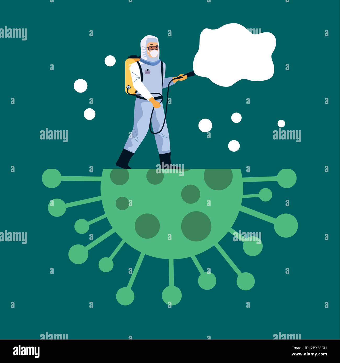 biosafety worker with sprayer disinfectant and covid19 particle vector ...