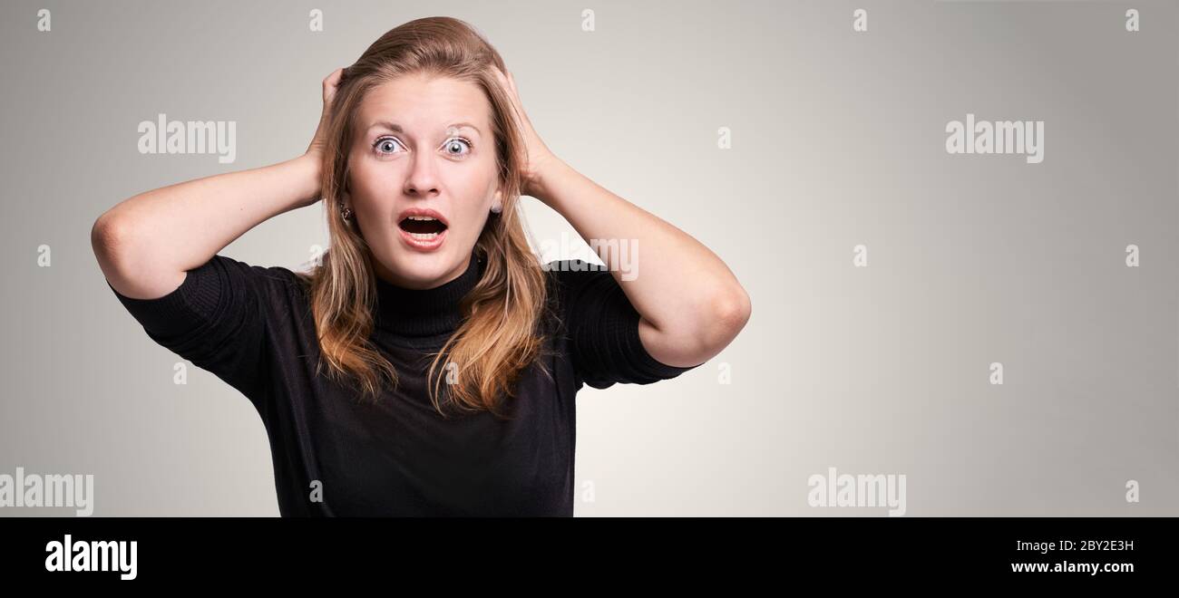 Young surprised girl. Expression emotions. Wow model. Omg woman sale ...