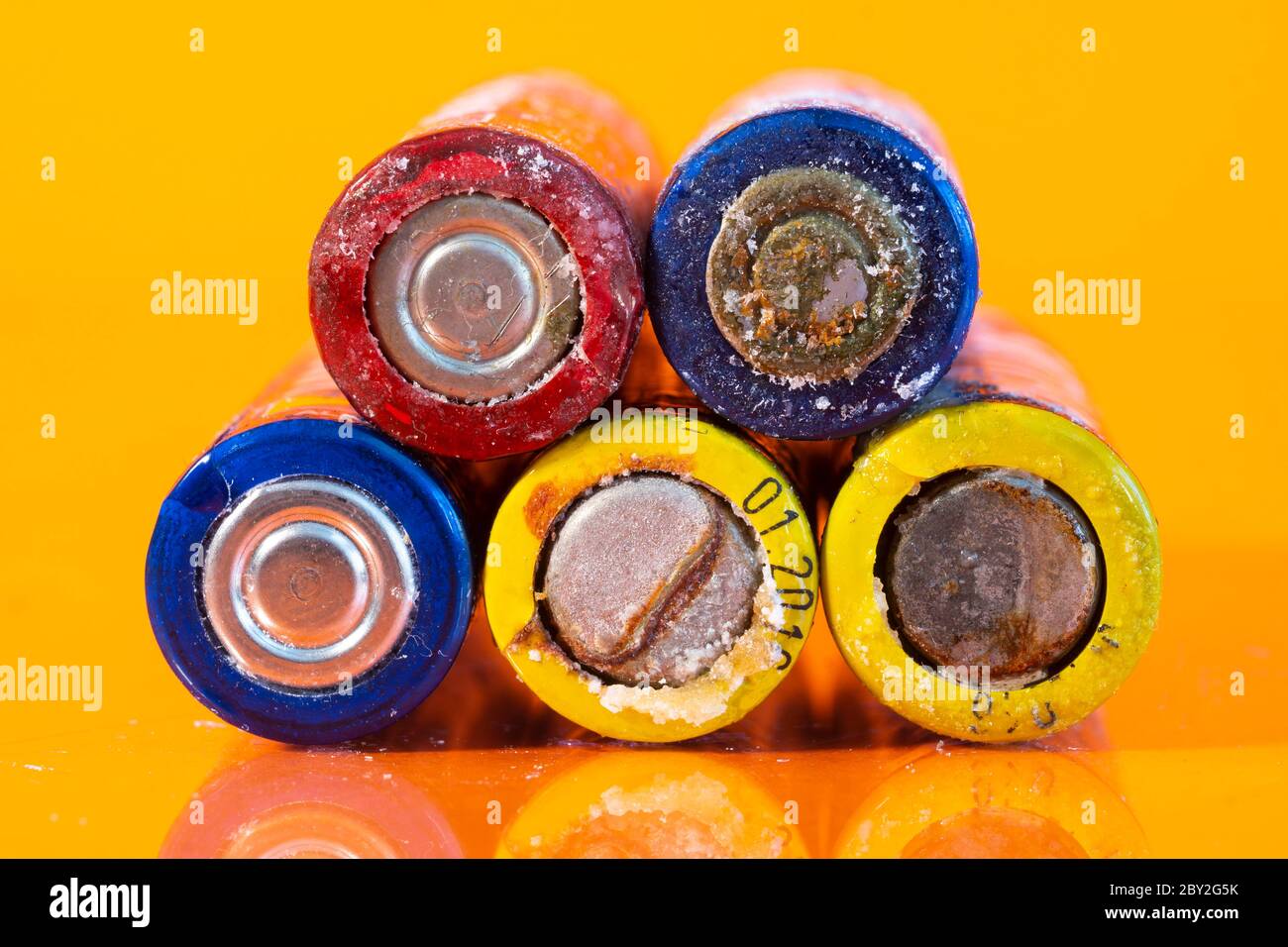 Multiple used bad AA alkaline batteries are seen arranged in a pile on ...