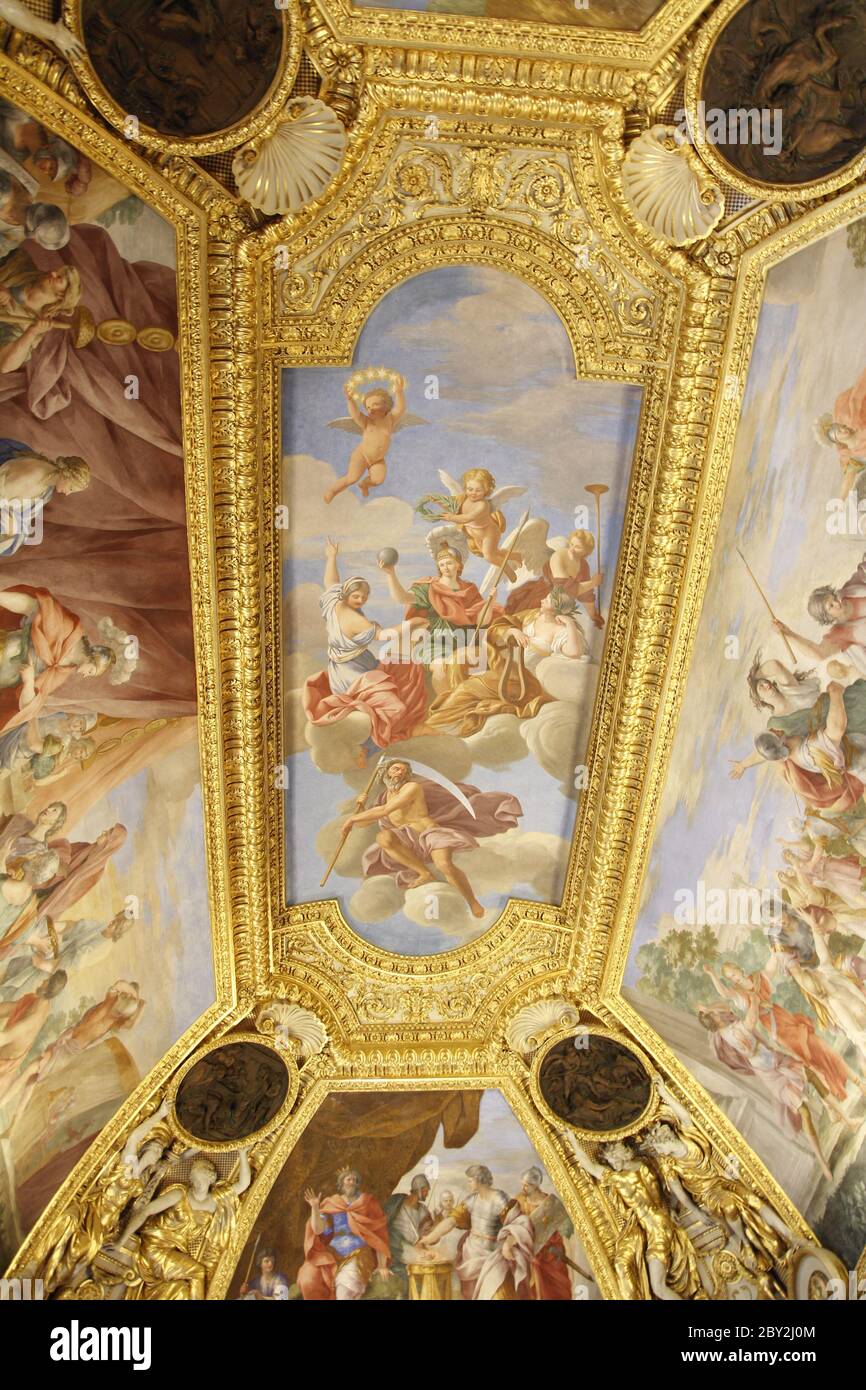 Paris, France - May 18, 2019: Ceiling paintings in Louvre Museum with ...