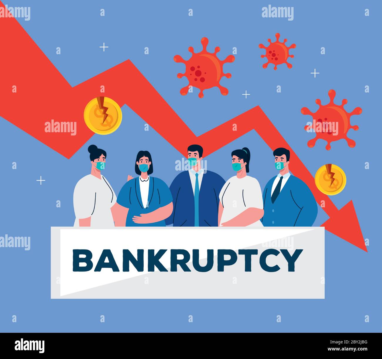 businesspeople with masks and decrease arrow of bankruptcy vector design Stock Vector Image ...