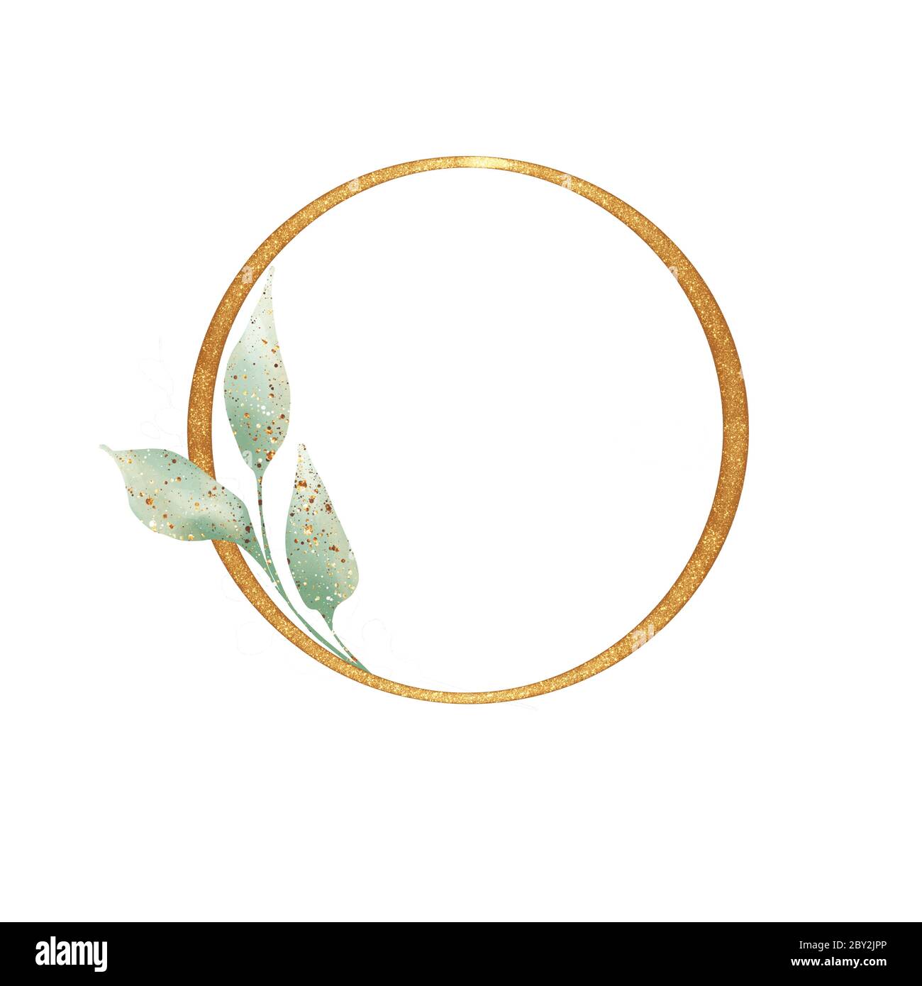 Watercolor green leaves and gold round frame Stock Photo - Alamy