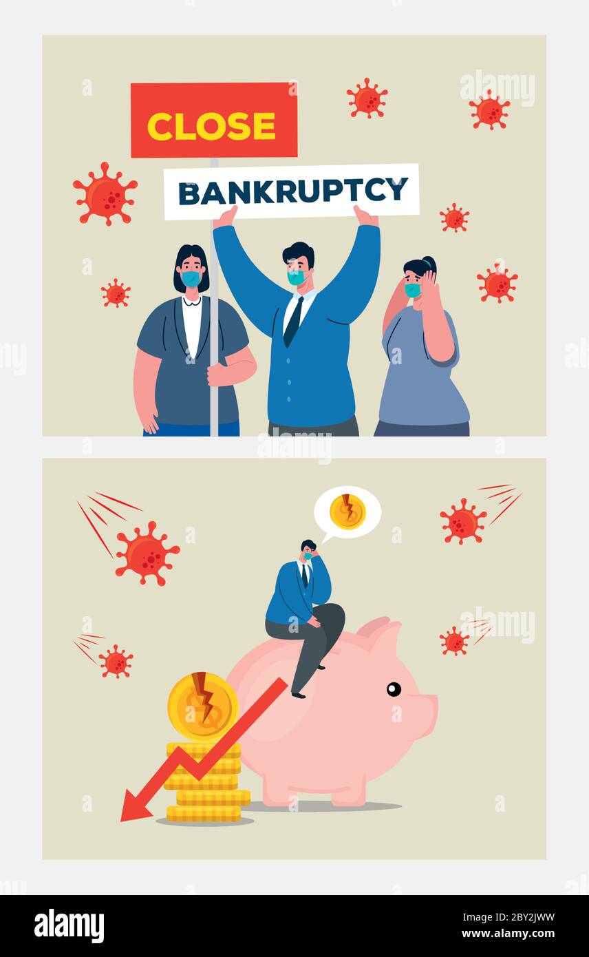 businesspeople with masks piggy and decrease arrow of bankruptcy vector design Stock Vector ...
