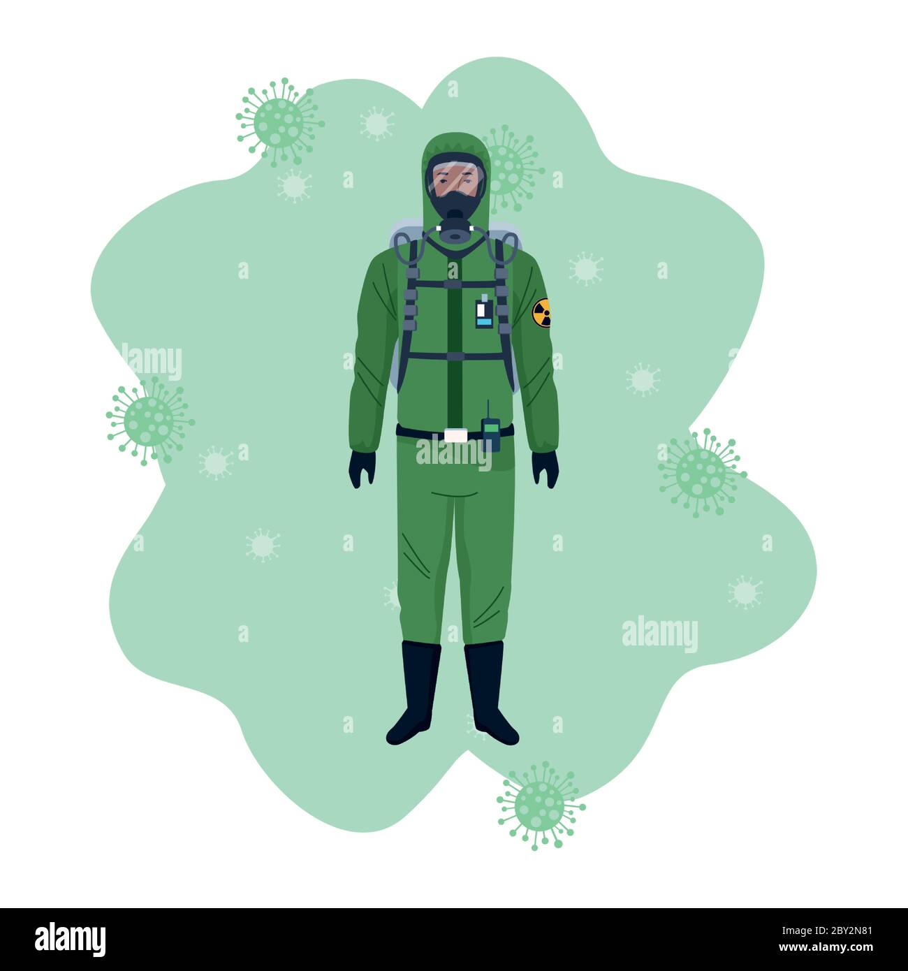 biosafety worker with biohazard suit and covid19 particles vector ...