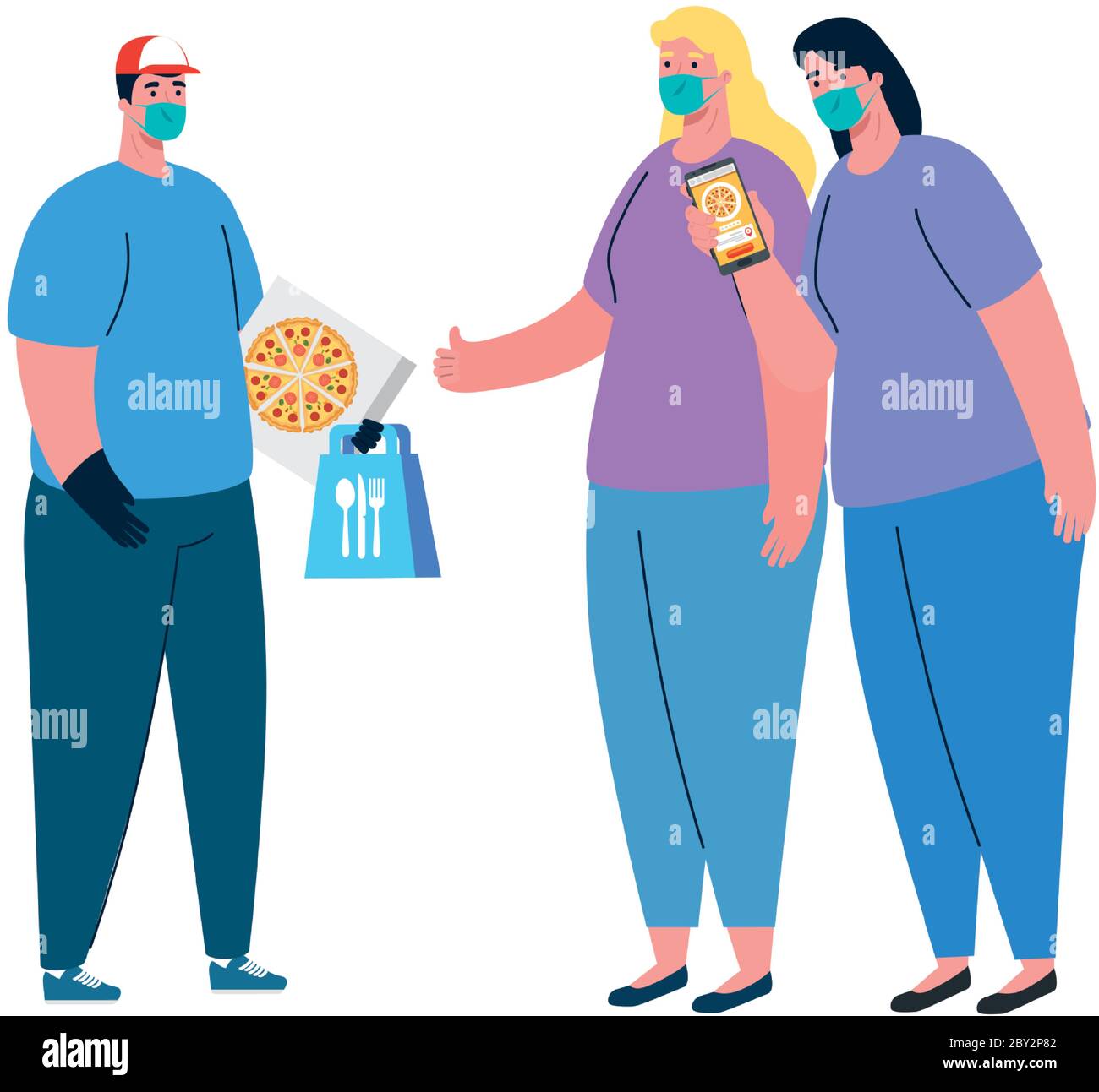 Delivery man and women clients with mask and pizza box vector design ...