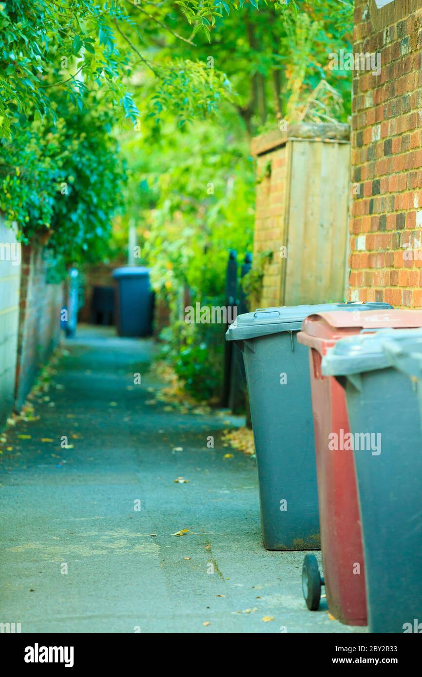 Row of plastic wheely bins in the street outside houses in England ...